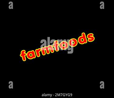Farmfoods, rotated logo, black background B Stock Photo - Alamy