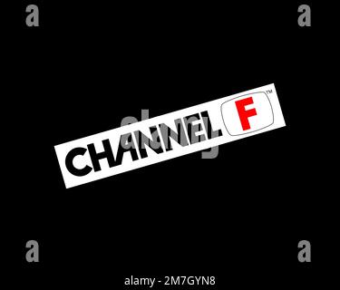 Fairchild Channel F, rotated logo, black background B Stock Photo - Alamy