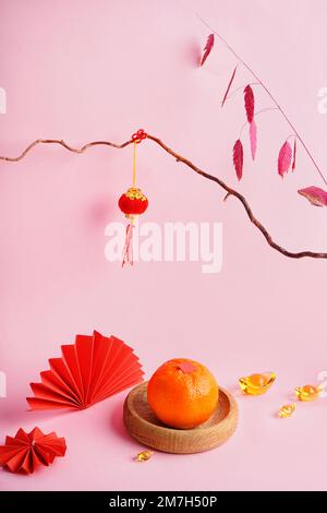 Mandarin, tree branches and Chinese symbols on pink background Stock ...