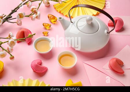 Teapot and Chinese symbols on pink background Stock Photo - Alamy
