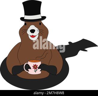 Smiling Groundhog in a hat with a steaming cup in his paws coming out ...