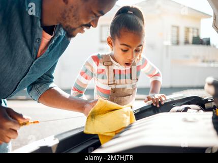 Car problem, child and dad working as a mechanic while teaching ...