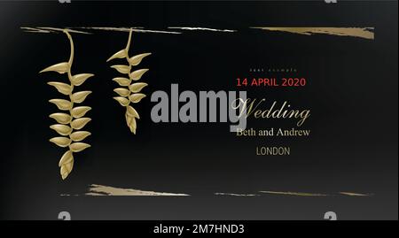 Tropical gold heliconia plants on dark red vintage background vector ...