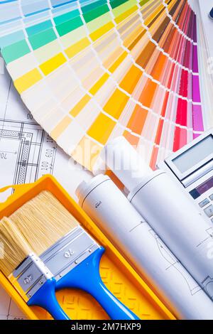 Painting tools and blueprints Stock Photo - Alamy