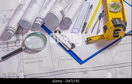 Set of architect tools on blueprint Stock Photo - Alamy