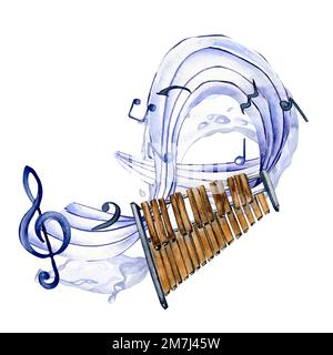 Treble clef, musical notes and conga watercolor illustration on white ...