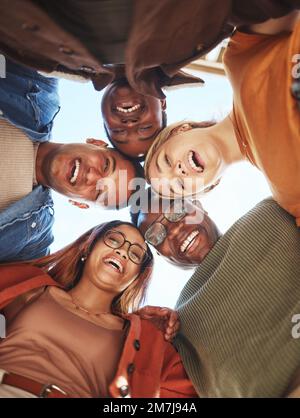 Trust, happy and friends portrait huddle for bonding, hug and summer ...