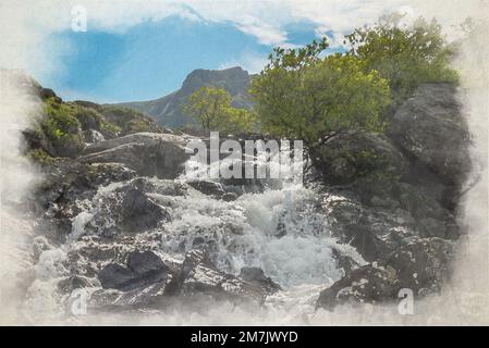 Llyn idwal digital watercolor painting of a waterfall running down the ...