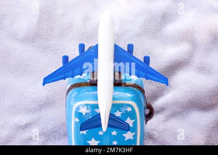 suitcase piggy bank airplane plastic toy on yellow flowers green grass ...