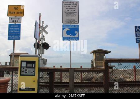 Tsunami hazard warning signs near California beach Stock Photo - Alamy