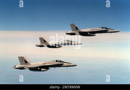 A right side view of three Strike Fighter Squadron 132 (VFA-132) F/A ...