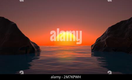 fantastic landscape with a black block in the sea at sunset. 3d ...