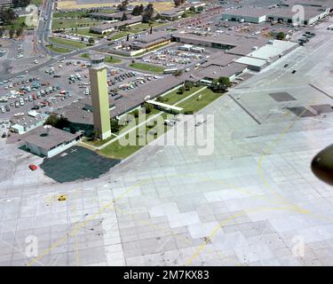 An aerial view of the base control tower and maintenance hangar ...