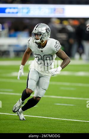 Las Vegas Raiders safety Isaiah Pola-Mao (20) before an NFL football game against the Kansas ...