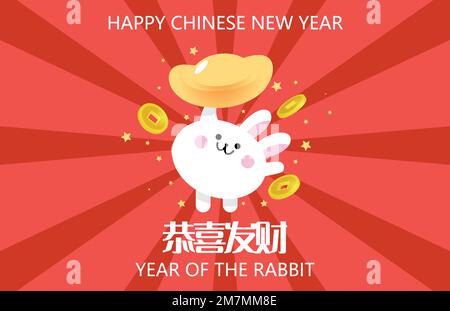 Cute rabbit with big sycee ingot and lucky coins. Greetings of good ...