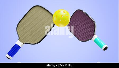 Pickleball two rackets and one plastic ball. Copy space 3D rendering ...
