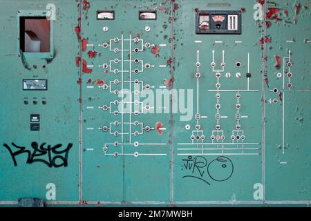 Italy, Veneto, out of order electric toggle switch in an old industrial ...