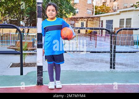 latin girl goalkeeper football player on a soccer goal Stock Photo - Alamy