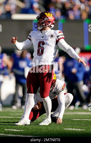 Washington Commanders place kicker Joey Slye (6) warms up before an NFL ...