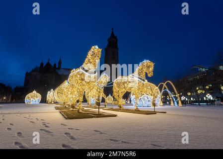 Snow-covered cathedral square, glowing horse sculptures, glowing ...