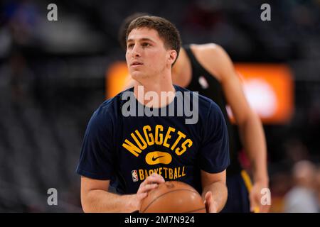 Denver Nuggets guard Collin Gillespie (21) as players take part in ...