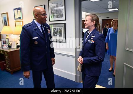 Capt. Taylor Bye speaks with Air Force Chief of Staff Gen. CQ Brown, Jr ...