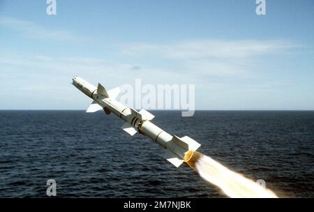 A view of a Talos surface-to-air missile, gaining altitude after being ...