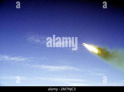 A view of a Talos surface-to-air guided missile prior to being launched ...