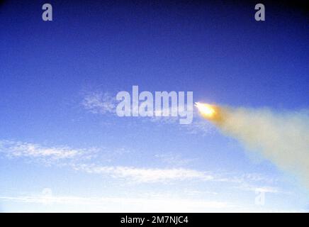 A view of a Talos surface-to-air missile, gaining altitude after being ...