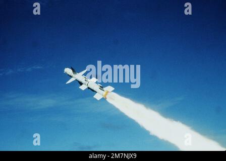 A view of a Talos surface-to-air missile, gaining altitude after being ...