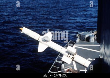 A view of a Talos surface-to-air missile, gaining altitude after being ...