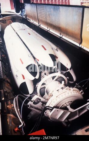 A view of an AGM-86B air-launched cruise missile loaded on a B-52G ...