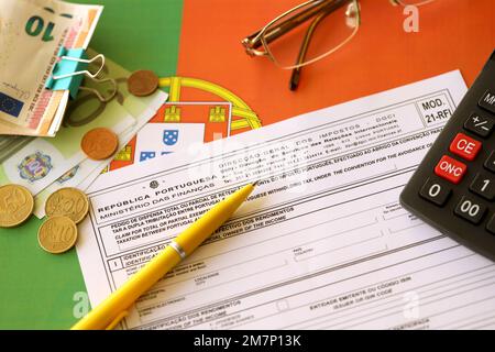 KYIV, UKRAINE - MAY 4, 2022 Portugal tax form Mod 21 RFI Double ...