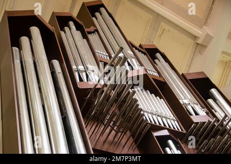 Massive and impressive Church organ instrument made of steel and timber ...