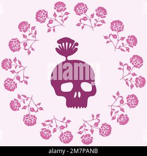 Floral skull tattoo low brow illustration. Vector gothic skeleton ink ...