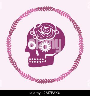 Floral skull tattoo low brow illustration. Vector gothic skeleton ink ...