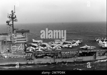 An aerial starboard view of the amidships section of the Kitty Hawk ...