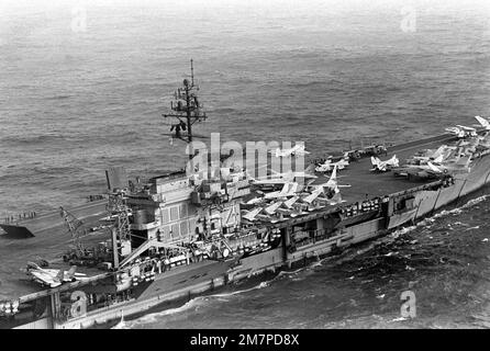 An aerial starboard view of the amidships section of the Kitty Hawk ...