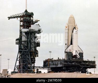 The Space Shuttle Columbia arrives at Pad 39B at Kennedy Space Center ...