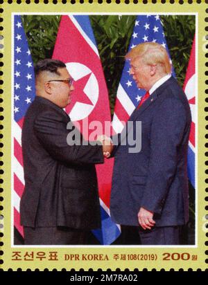 2019 North Korea stamp. First DPRK-US Summit - Kim Jong Un and Donald J ...