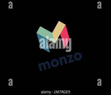 Monzo bank, rotated logo, black background B Stock Photo - Alamy