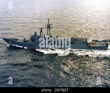 An aerial port beam view of the guided missile destroyer USS SCOTT (DDG ...