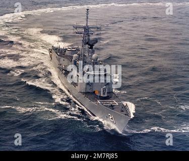 Aerial starboard bow view of the Oliver Hazard Perry class guided ...