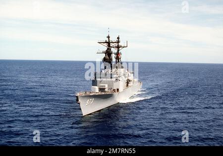 Aerial port bow view of the Spruance class destroyer USS HARRY W. HILL ...