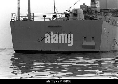 Stern view of USS John Hancock (DD-981) displaying name of ship in ...