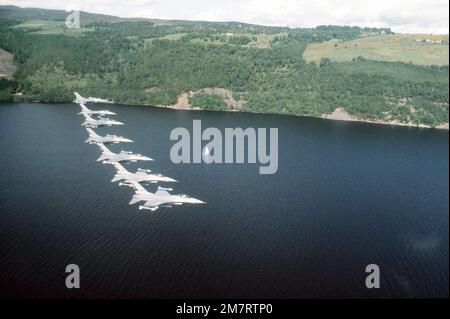 AN air-to-air right side view of a seven-ship wedge formation of F-5E ...