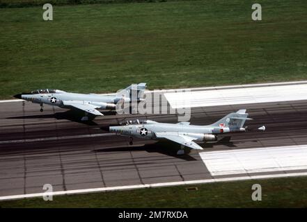 A left side view of the two F-101 Voodoo aircraft landing, with their ...