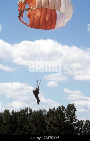 A pararescueman nears the ground after jumping from a C-130 Hercules ...