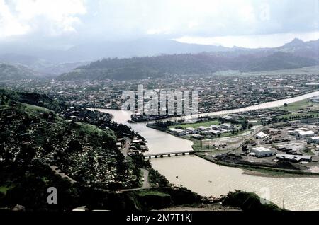 An aerial view of the city of Olongapo with the bridge leading to the U ...