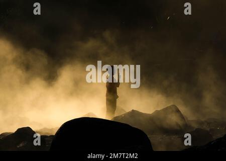 January 8, 2023; Hot springs and fog in Thailand with morning sunlight ...